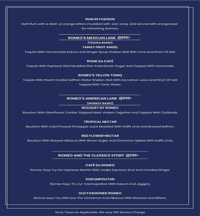 Menu at Romeo Lane, New Delhi, 13