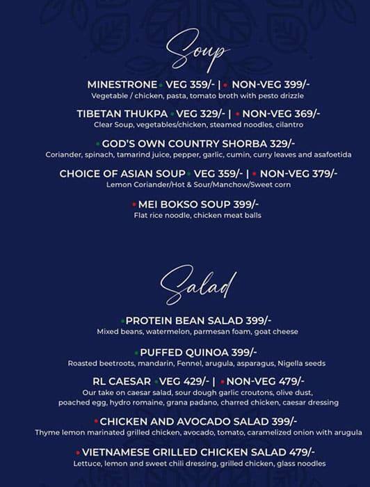 Menu of Romeo Lane, Civil Lines, New Delhi