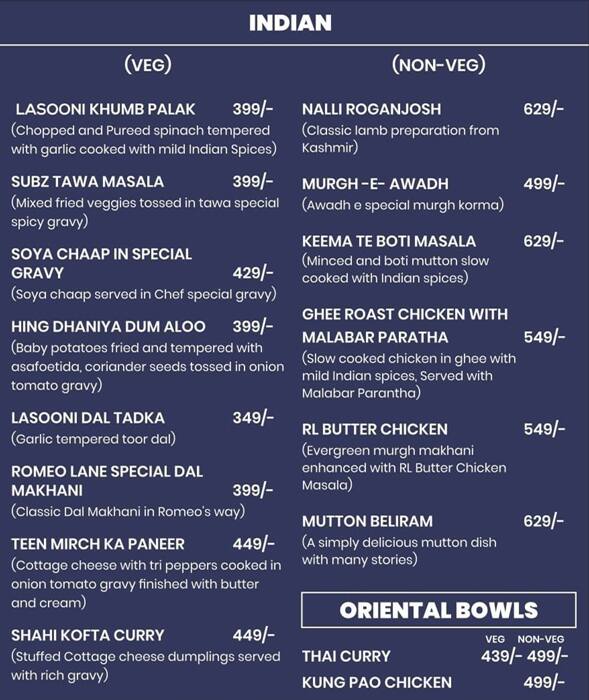 Menu at Romeo Lane, New Delhi, 13