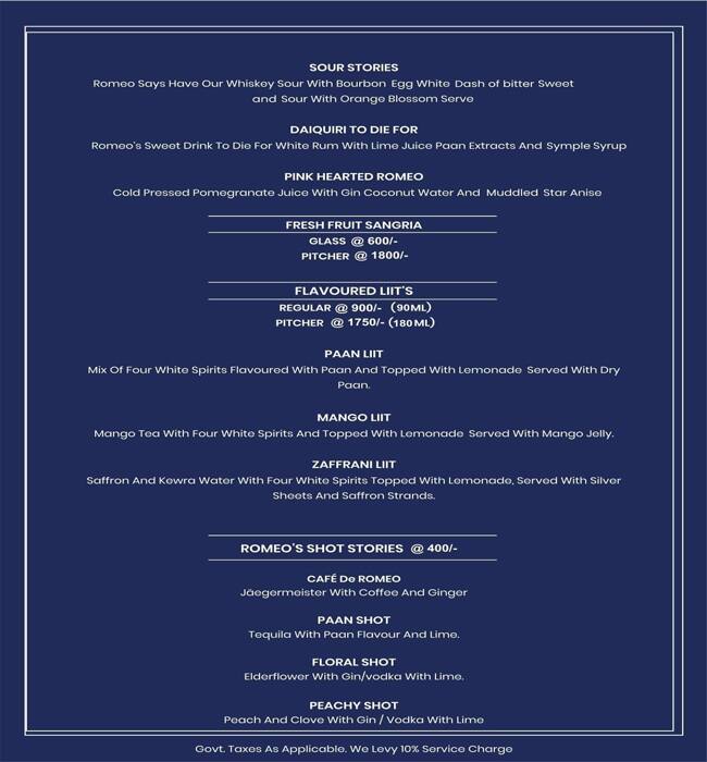 Menu at Romeo Lane, New Delhi, 13