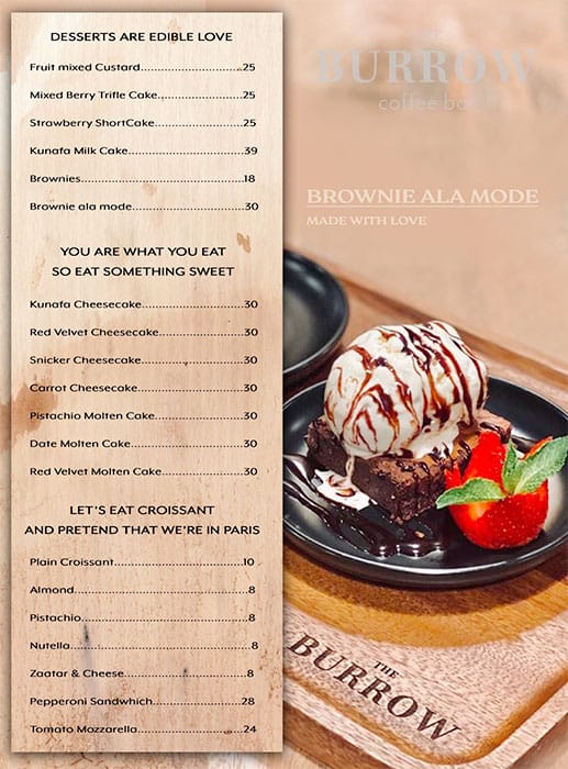 Menu at The Burrow - Nad Al Hammar cafe, Dubai
