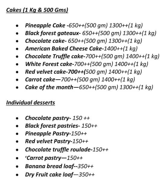 Menu of The Cake Shop, Saket, New Delhi
