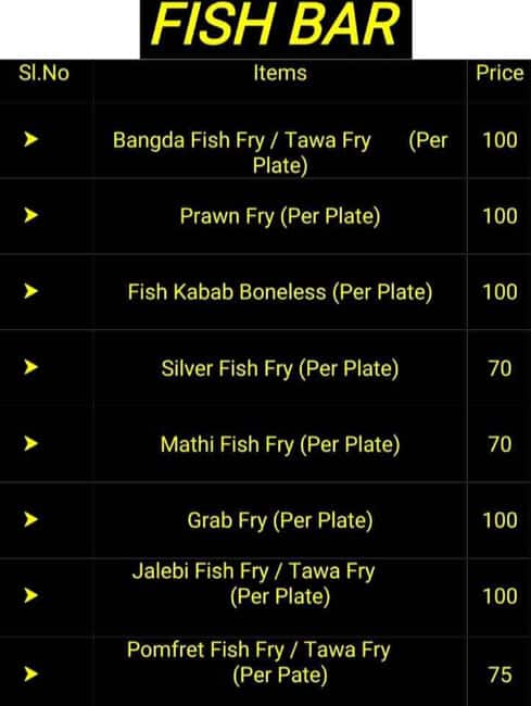Menu of Fish Bar, Majestic, Bangalore