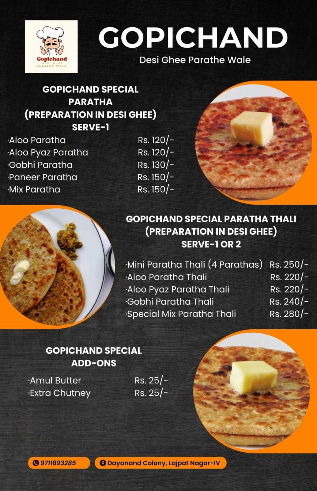 Menu of Gopichand Desi Ghee Parathe Wale, Lajpat Nagar 4, New Delhi