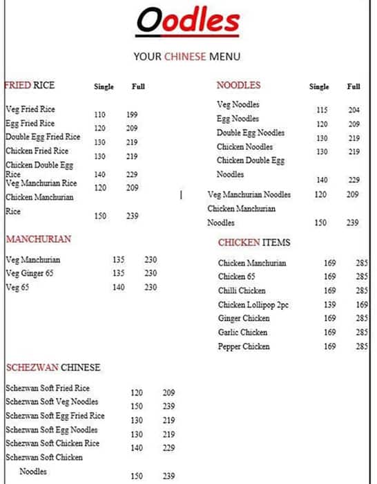Menu of Oodles, Neredmet, Hyderabad
