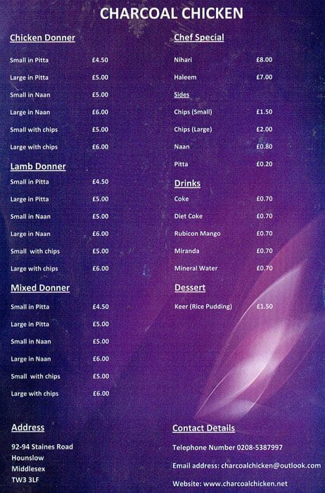 Menu at Charcoal Chicken fast food, Hounslow, 92-94 Staines Rd