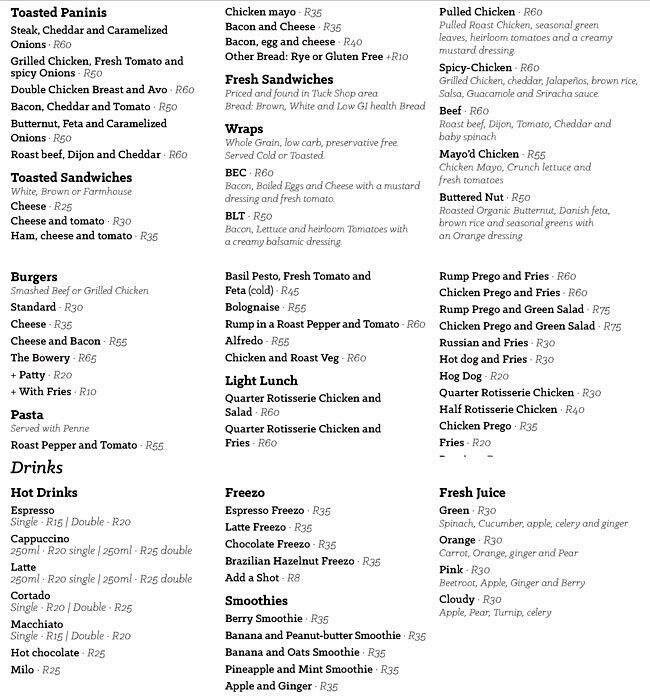 Menu at The Bowery restaurant, Sandton