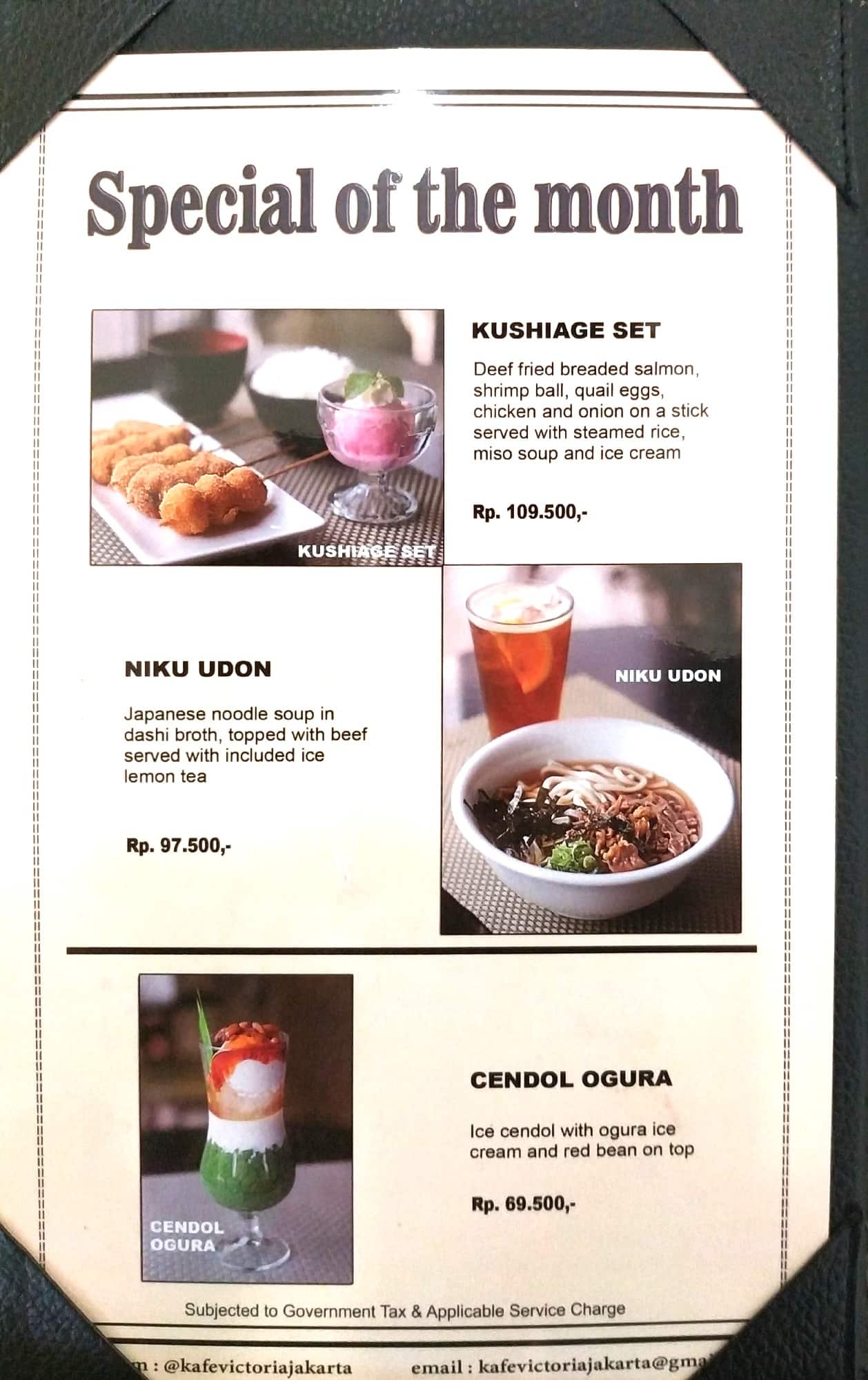 Menu at Kafe Victoria Plaza Senayan cafe, Jakarta, Jl. Asia Afrika