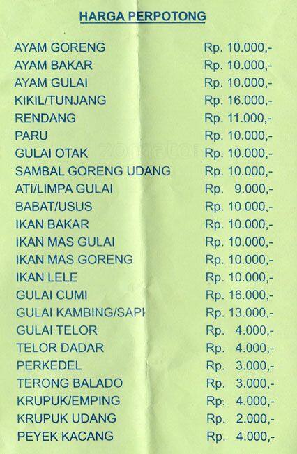 Menu at Karya Minang Kebon Jeruk Rumah Makan Padang restaurant, Jakarta ...