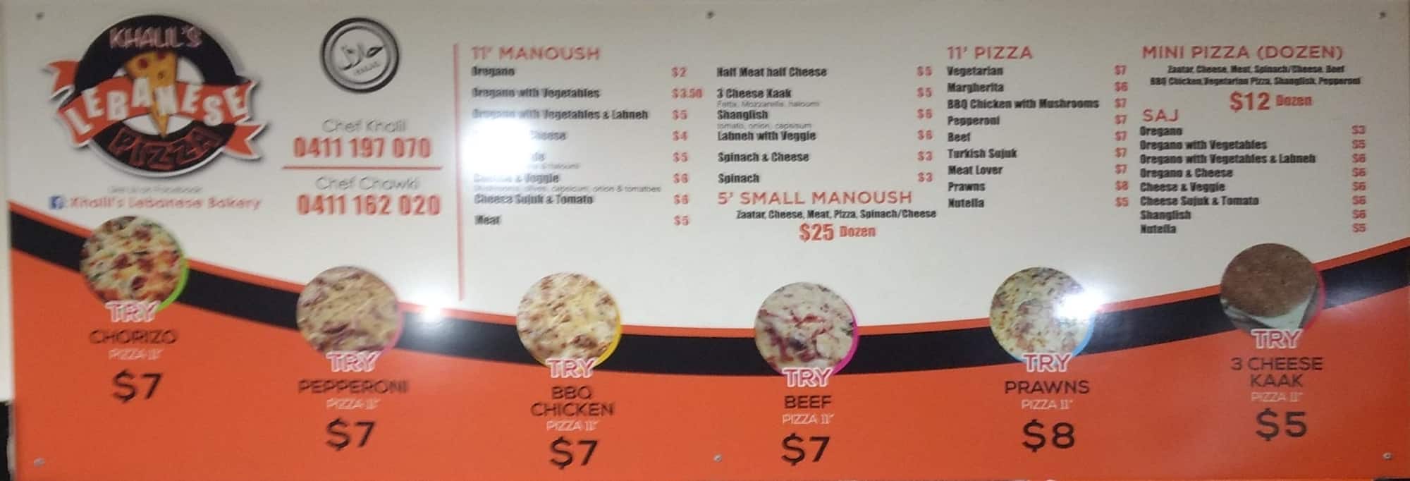 Menu at Khalils Lebanese Baker fast food, Bankstown