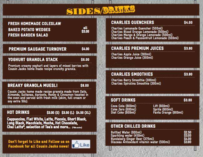 Menu at Cousin Jacks Pasty Co. cafe, Sydney, Shop 16
