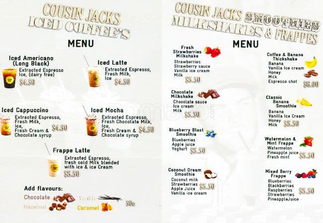 Menu at Cousin Jacks Pasty Co. cafe, Sydney, Shop 16