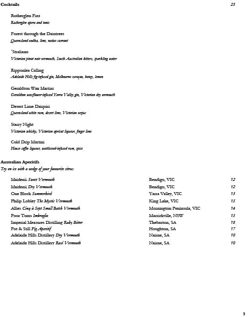 Menu at Attica pub & bar, Ripponlea