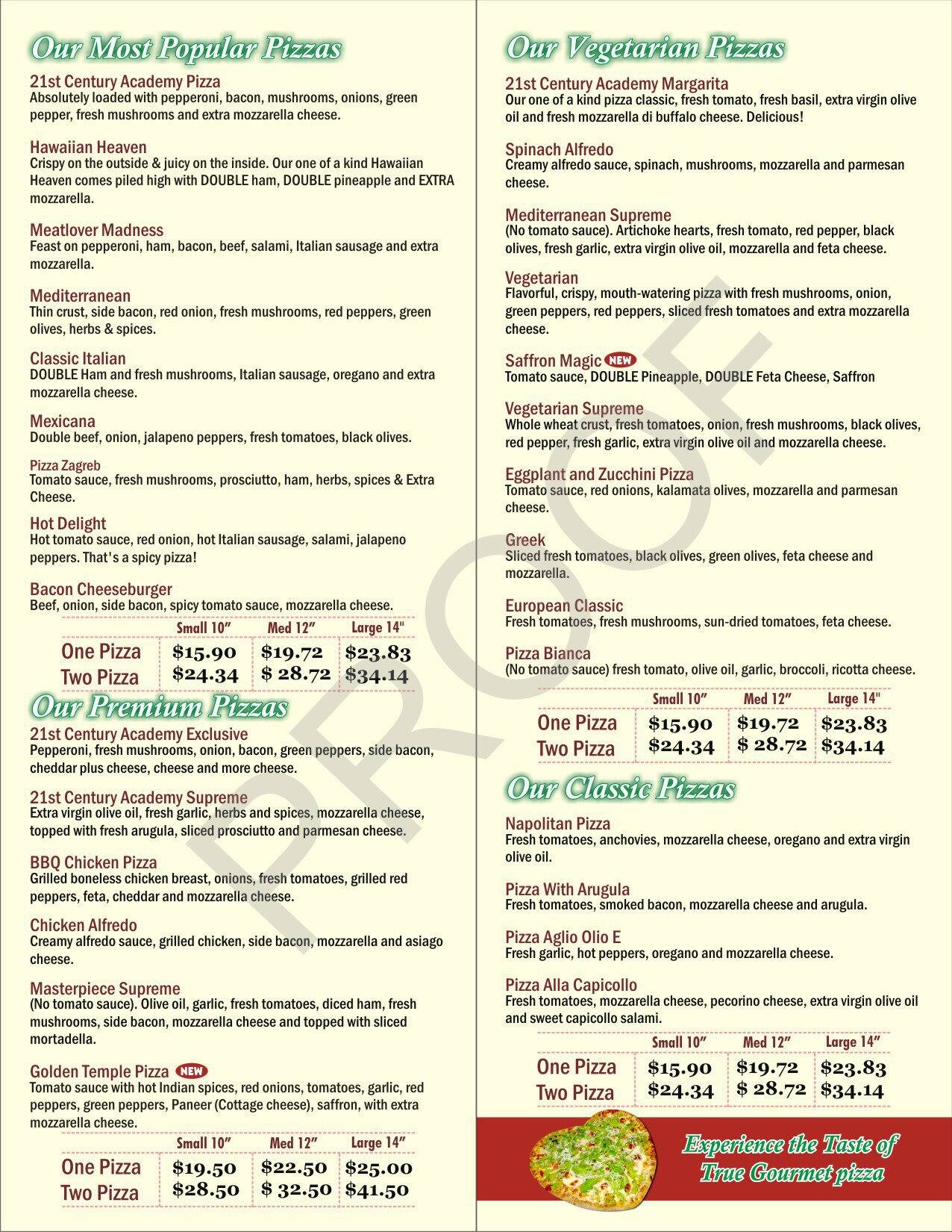 Menu at Pizza 21st Century pizzeria, Winnipeg, 612 Academy Ave