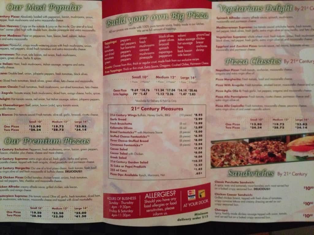 Menu at Pizza 21st Century pizzeria, Winnipeg, 612 Academy Ave