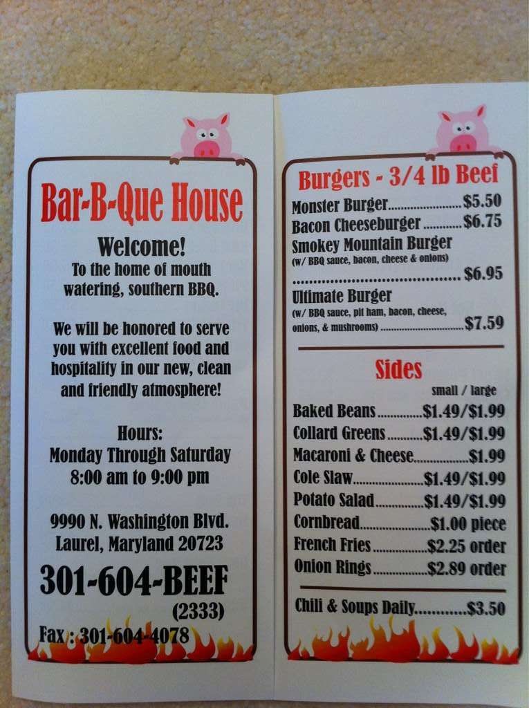 Carta de Bar-B-Que House, Laurel