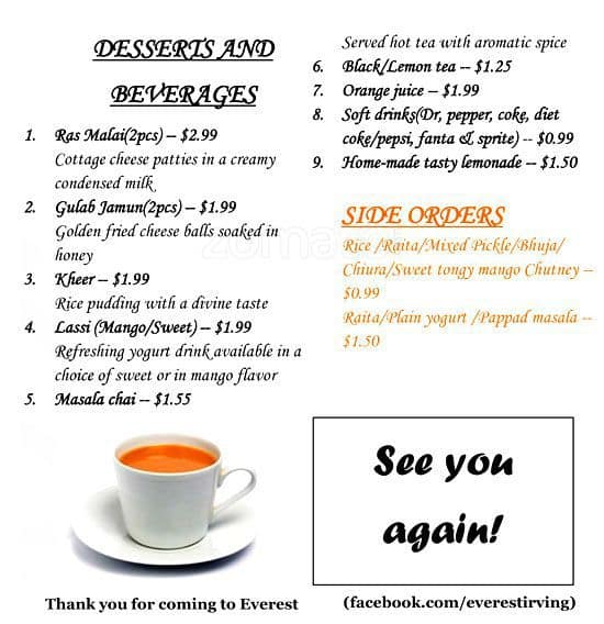Menu at Everest Restaurant, Irving, W Rochelle Rd