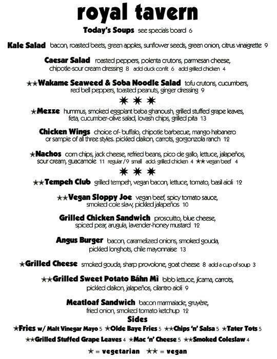 Menu at Royal Tavern pub & bar, Philadelphia