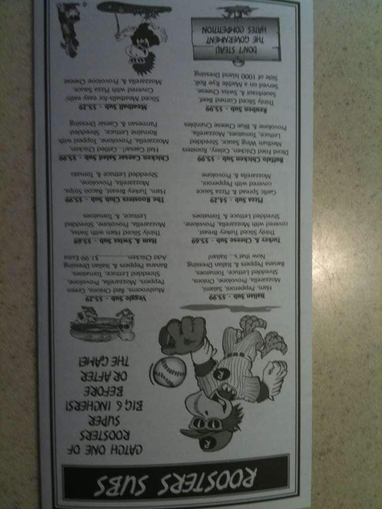 Menu at Rooster's restaurant, Newark