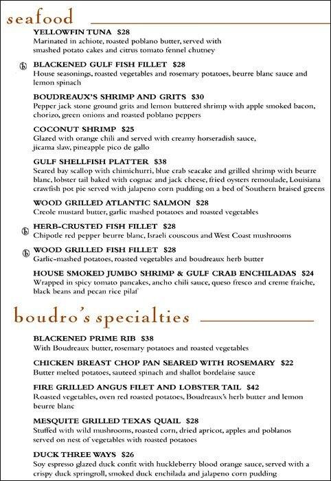 Menu at Boudro's restaurant, San Antonio