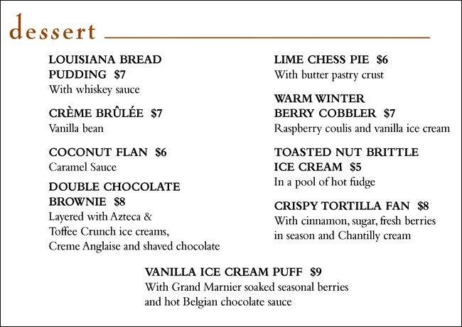 Menu at Boudro's restaurant, San Antonio