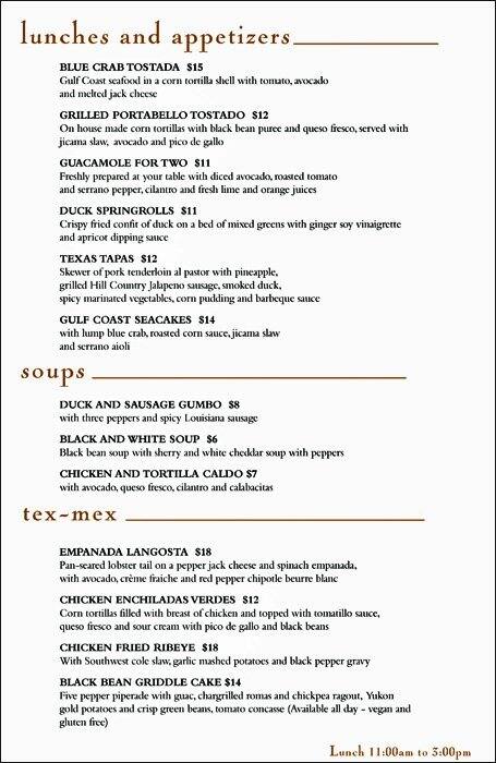 Menu at Boudro's restaurant, San Antonio