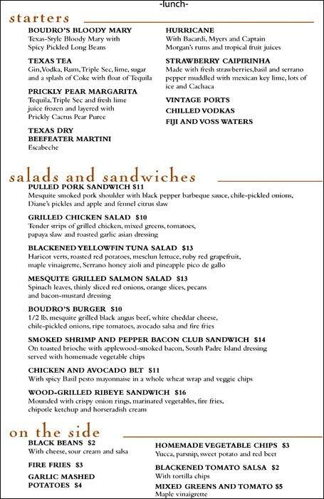 Menu at Boudro's restaurant, San Antonio