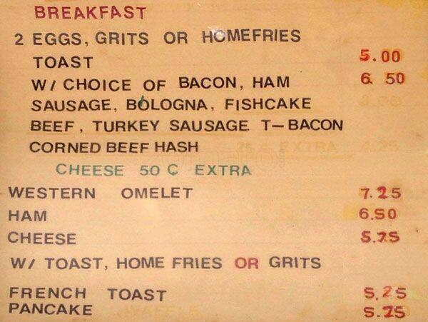 Carta del restaurante Springfield Diner, Nueva York