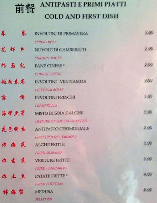 Menu at Tien Tsin Chinese Restaurant, Rome