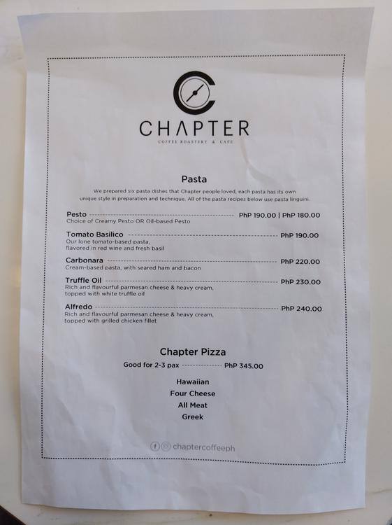 Carta de Chapter Coffee Roastery and Cafe, Ciudad Quezon