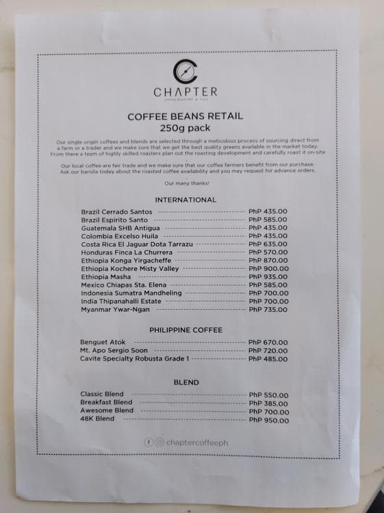 Carta de Chapter Coffee Roastery and Cafe, Ciudad Quezon