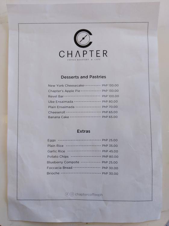Carta de Chapter Coffee Roastery and Cafe, Ciudad Quezon