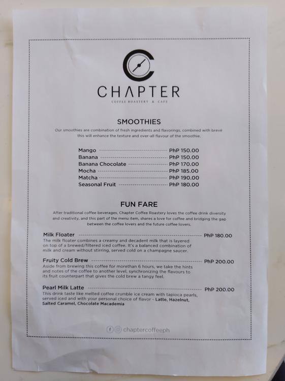 Carta de Chapter Coffee Roastery and Cafe, Ciudad Quezon
