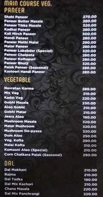Menu at Delhi Darbar DLX, Nainital