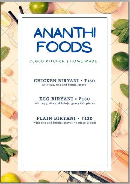 Menu of Ananthi Foods, Neelangarai, Chennai
