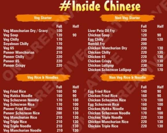 Menu of Inside Chinese, Kopar Khairane, Navi Mumbai