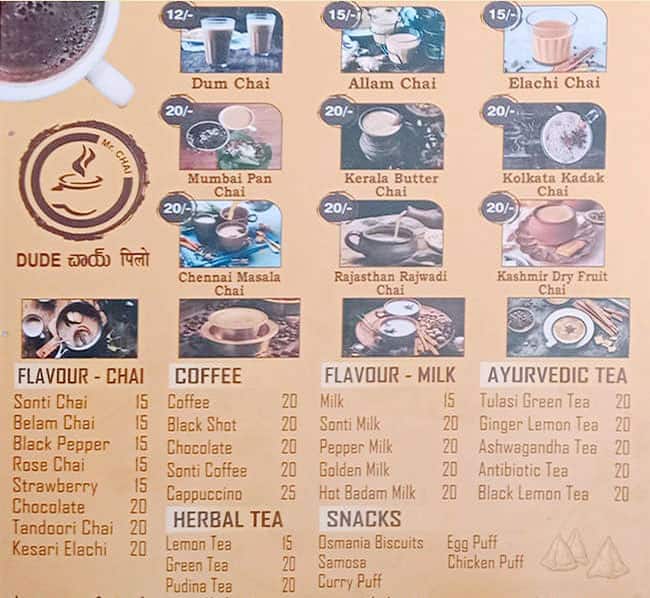 Menu of Mr Chai, Hitech City, Hyderabad