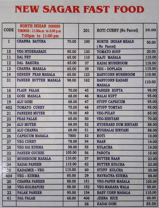 Menu at New Sagar Fast Food And Family Restaurant, Bengaluru, 2H32+M7G