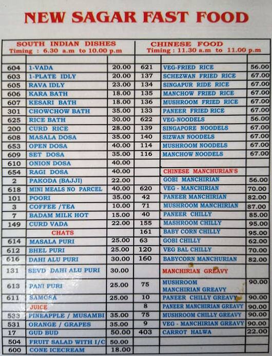 Menu at New Sagar Fast Food And Family Restaurant, Bengaluru, 2H32+M7G