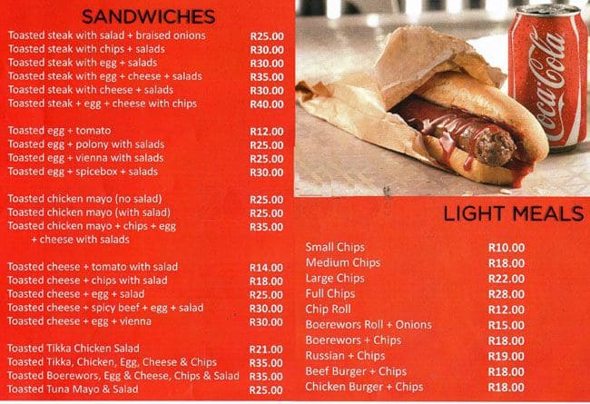 Menu at Lunch Box restaurant, Cape Town