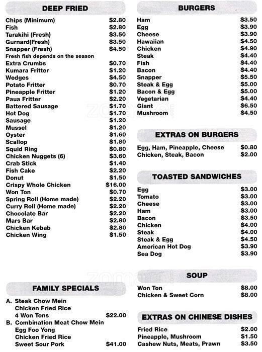 Menu at Top of Target Takeaways fast food, Auckland