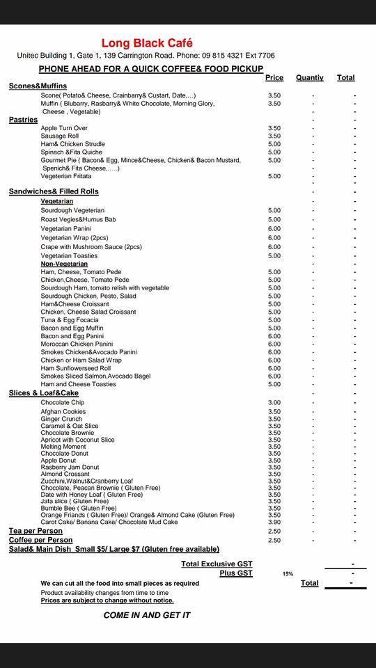 Menu at Long Black Cafe., Auckland