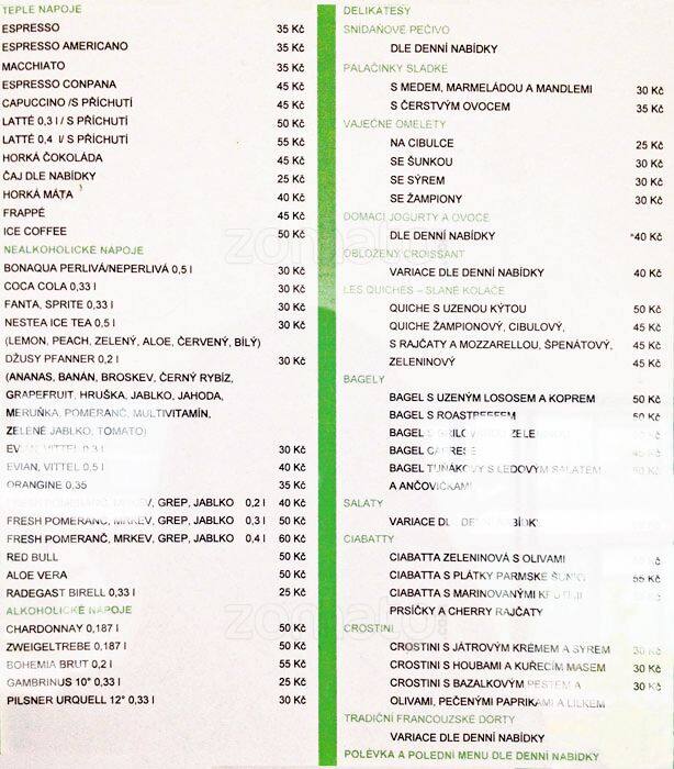 Menu at The Park bistro fast food, Prague