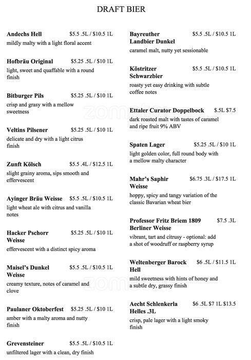 Menu at Stammtisch restaurant, Portland