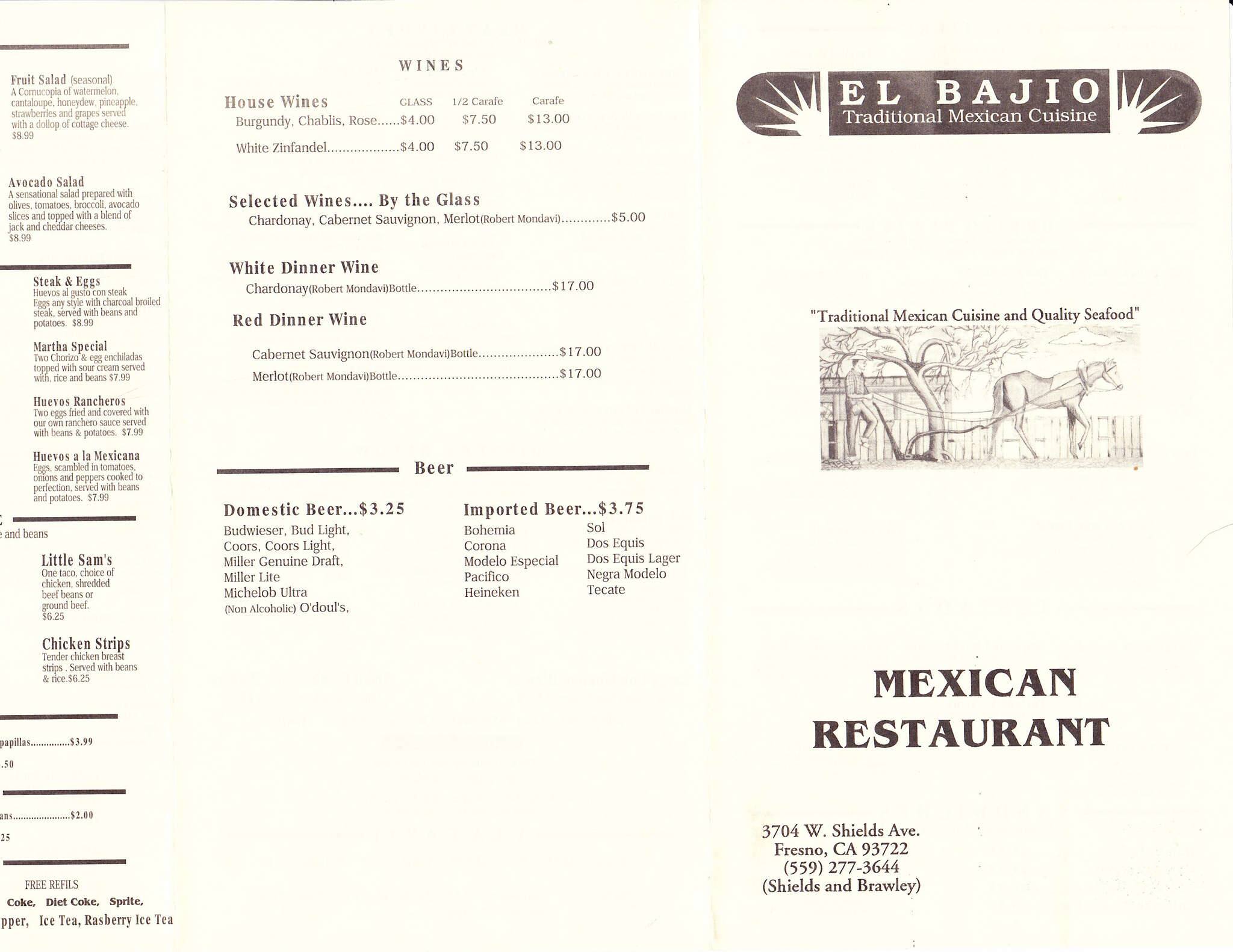 Menu at El Bajio restaurant, Fresno, W Shields Ave