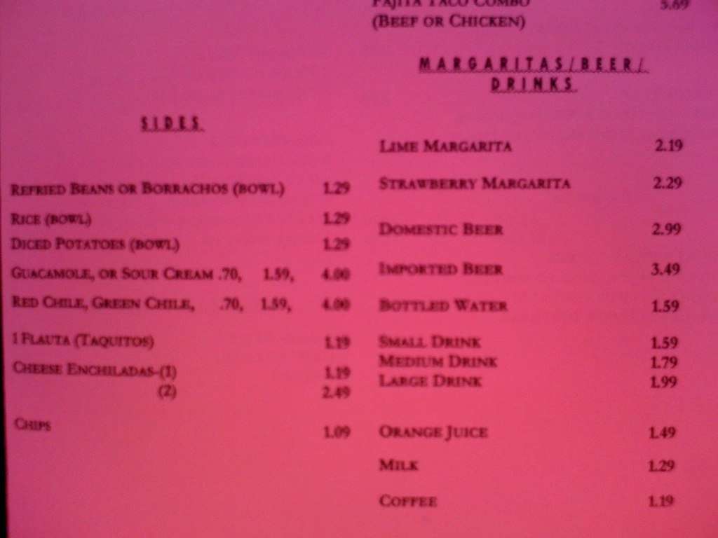 Menu at Taco Cabana restaurant, Albuquerque, Montgomery Blvd NE