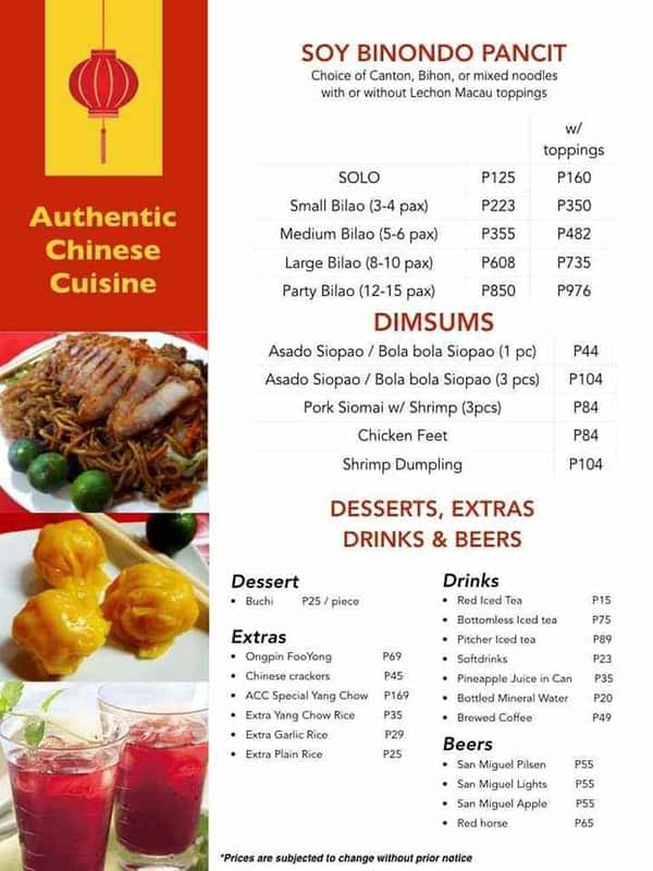 Menu at Authentic Chinese Cuisine restaurant, Pateros
