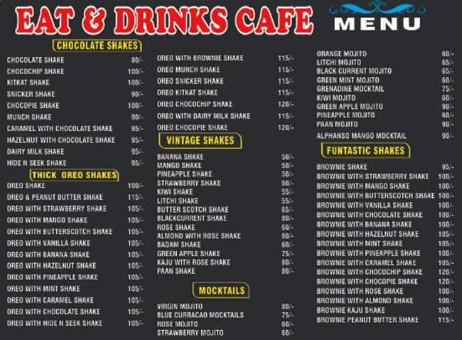Menu of Eat & Drinks Cafe, Uttam Nagar, New Delhi