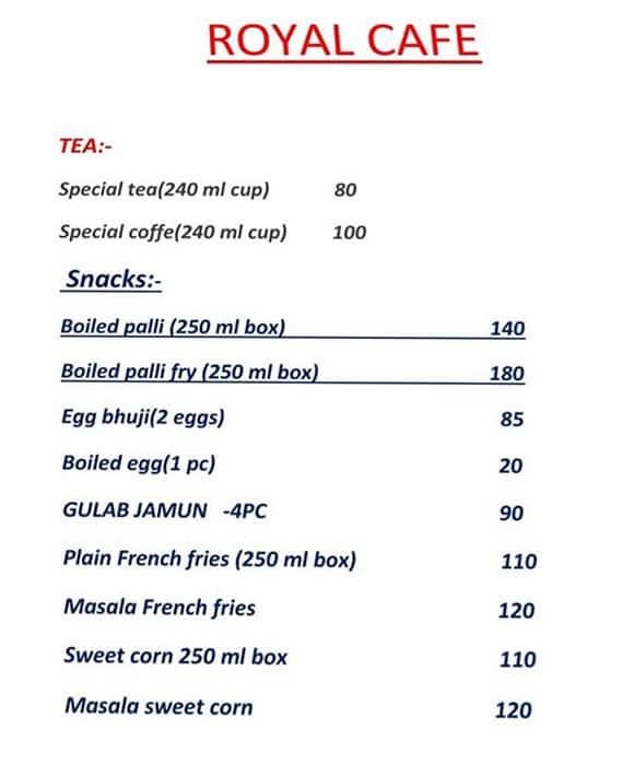 Menu of Royal Cafe, Nizampet, Hyderabad