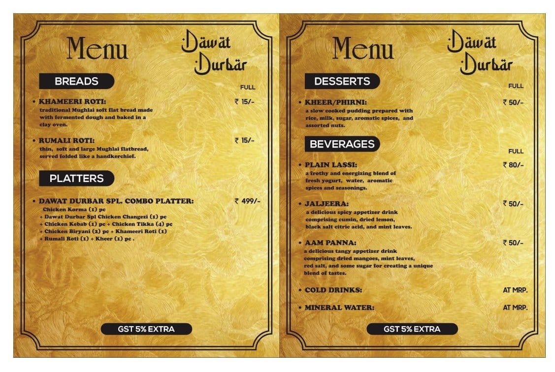 Menu of Dawat Durbar, Jama Masjid, New Delhi